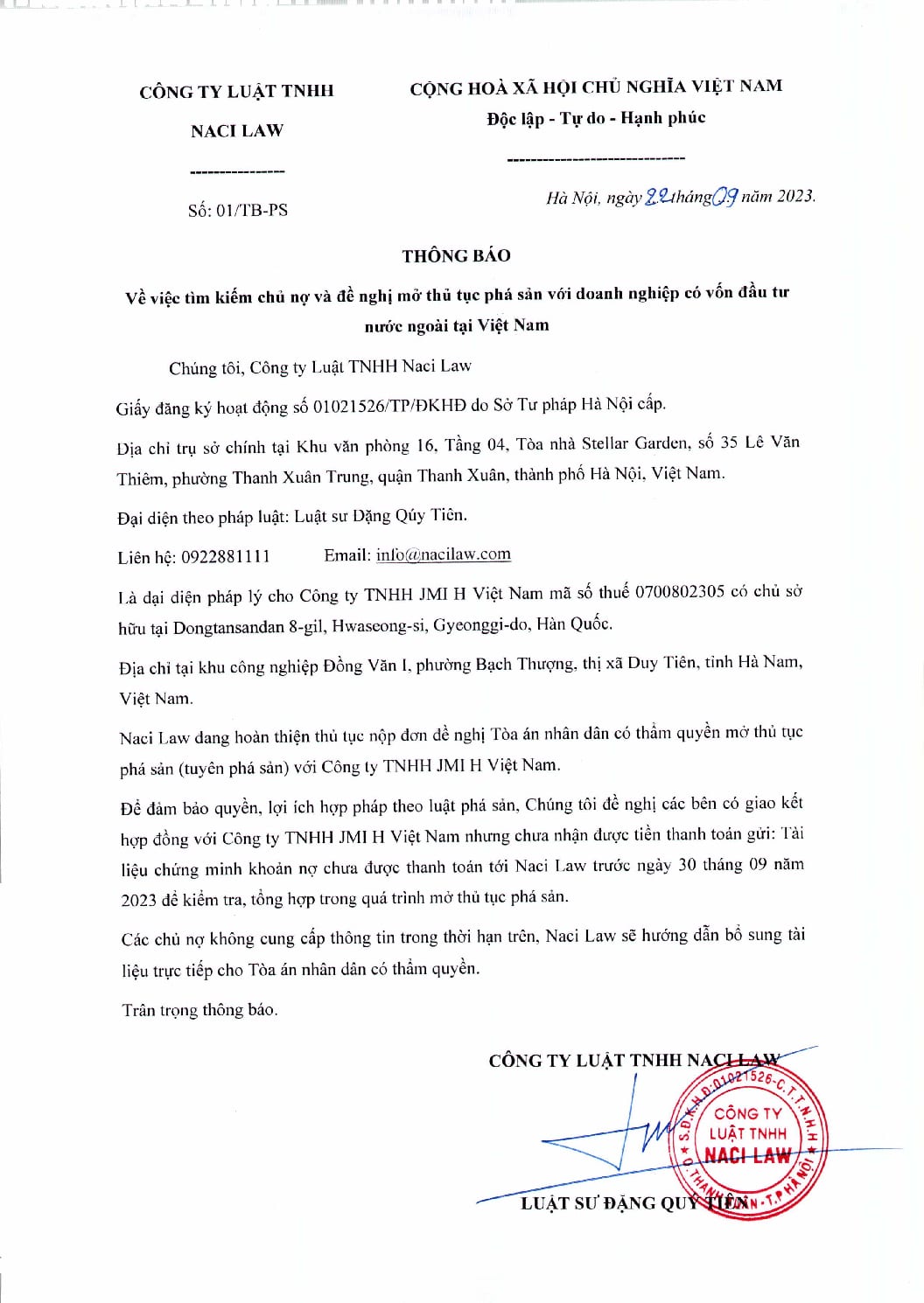 MỞ THỦ TỤC PHÁ SẢN ĐỐI VỚI DOANH NGHIỆP CÓ VỐN ĐẦU TƯ NƯỚC NGOÀI - Naci Law